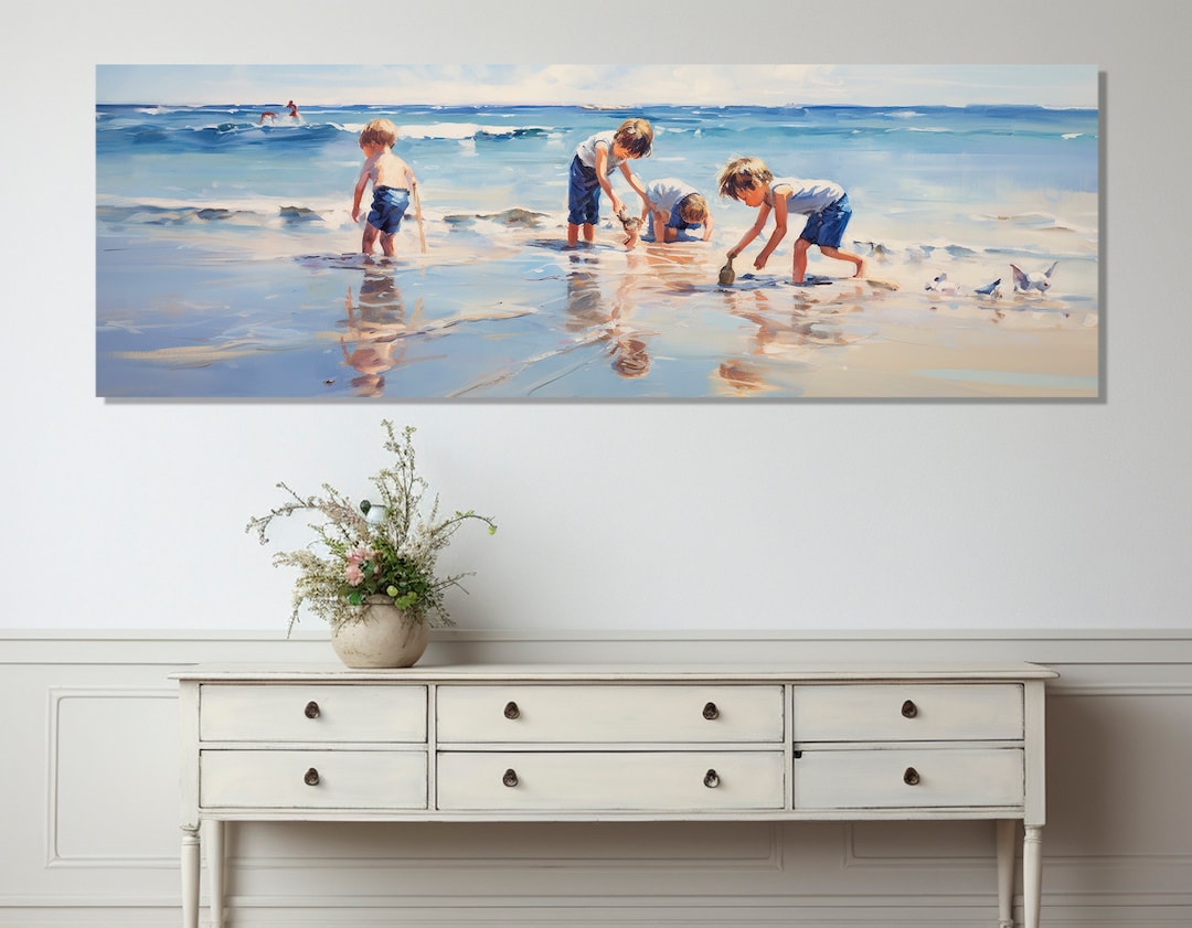 Kids Playing on the Beach Painting Canvas PRINT, Large Beach Wall Art ...