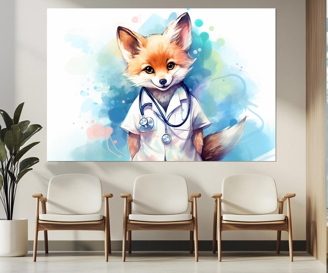 Cartoon Style Fox Nurse Canvas Print, Pediatrician Office Decor, Kids ...