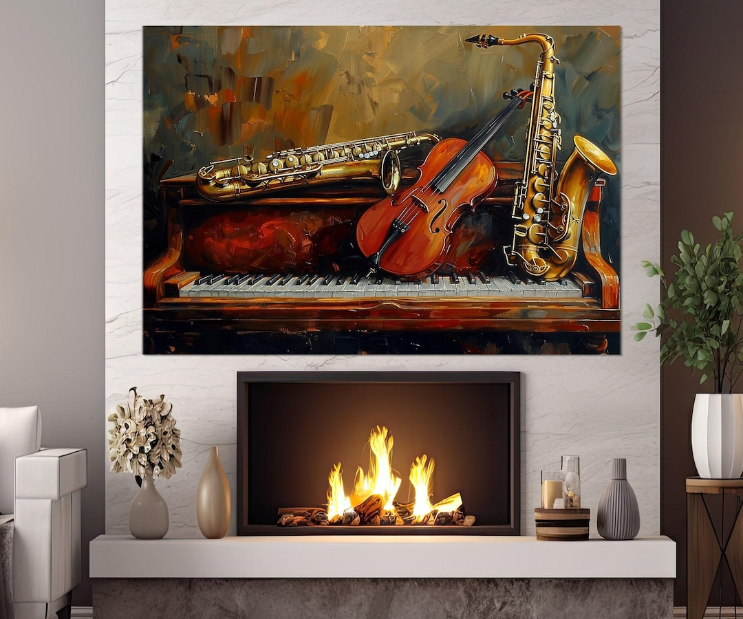 Musical Instruments Vintage Painting Canvas Print, Piano, Violin ...