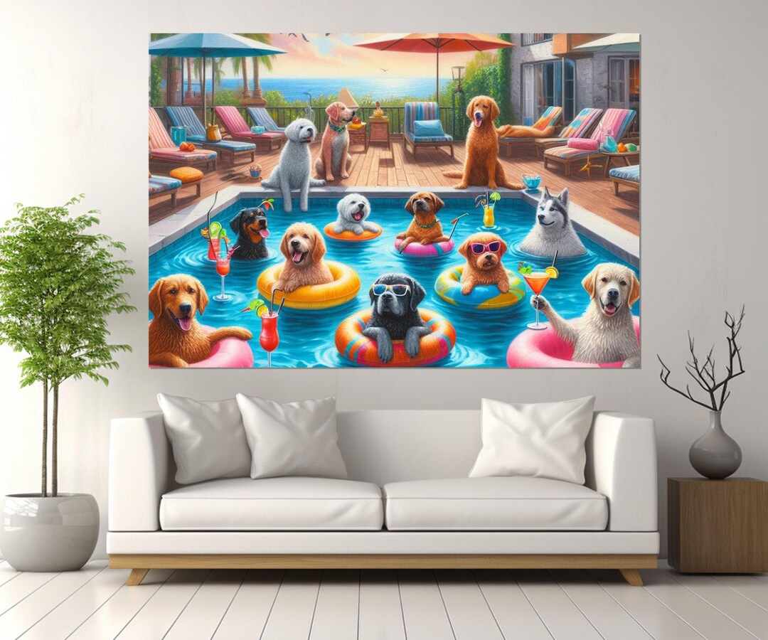 Dogs Pool Party Painting Canvas Print, Abstract Pets Party Wall Art ...