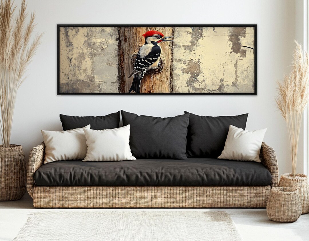 Woodpecker on a Tree Canvas Print, Rustic Woodpecker Wall Art ...