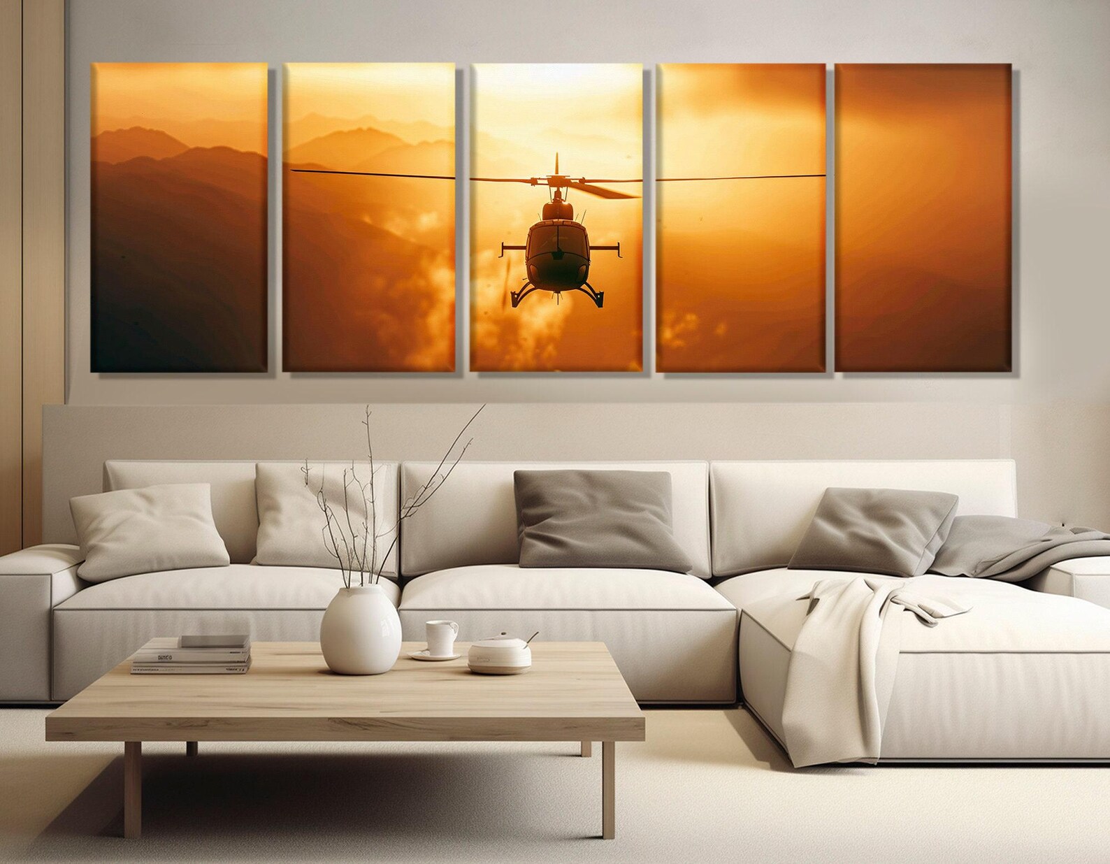 Helicopter Panoramic Canvas Print, Helicopter on Sunset Poster ...