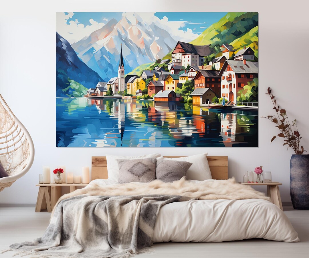 Alps Canvas Wall Art, Hallstatt Lake Painting Canvas Print, Abstract ...