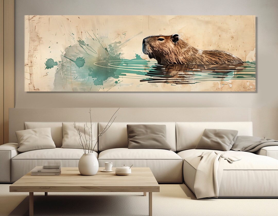 Capybara Swimming in Lake Painting Canvas Print, Large Capybara Wall ...