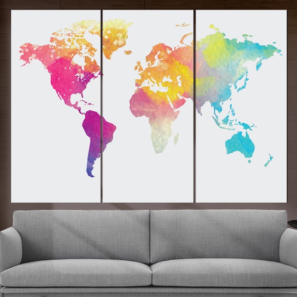 Colorful World Map on Canvas - Etsy UK