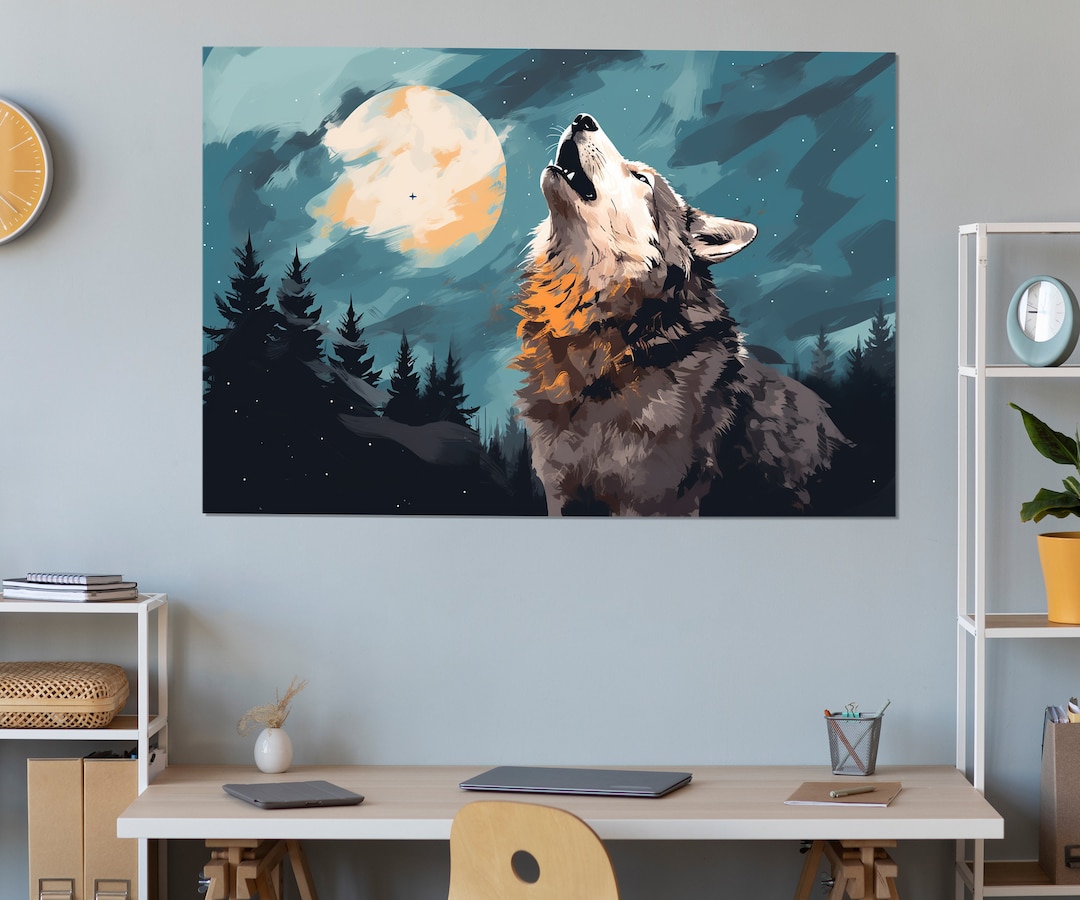 Wolf Howling at the Moon Painting Canvas Print, Native American Wall ...