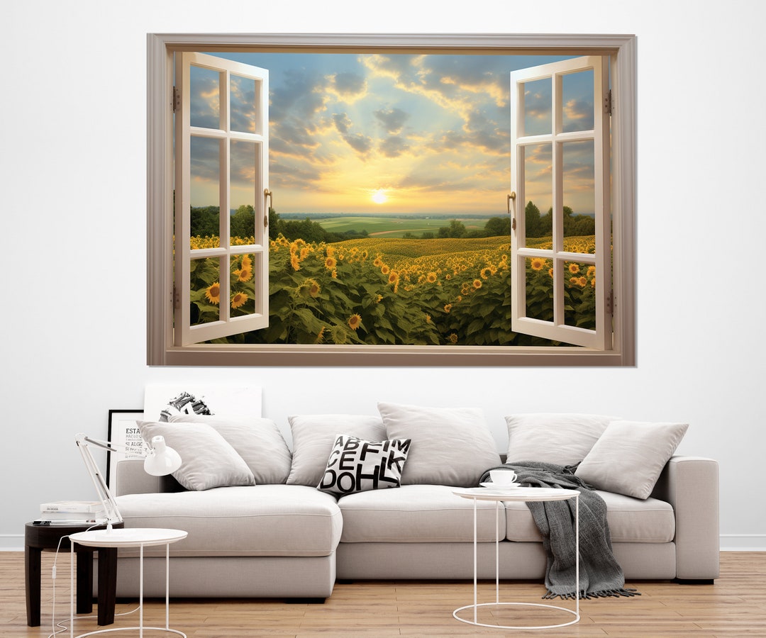 Open Window With Sunflowers Field View Painting Canvas Print, Faux ...