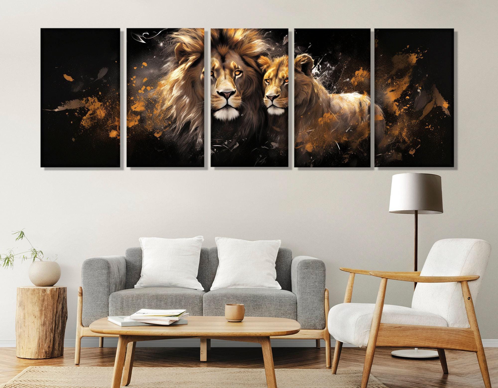Lions in Love Canvas Print, Lion and Lioness Painting, Romantic Wall ...