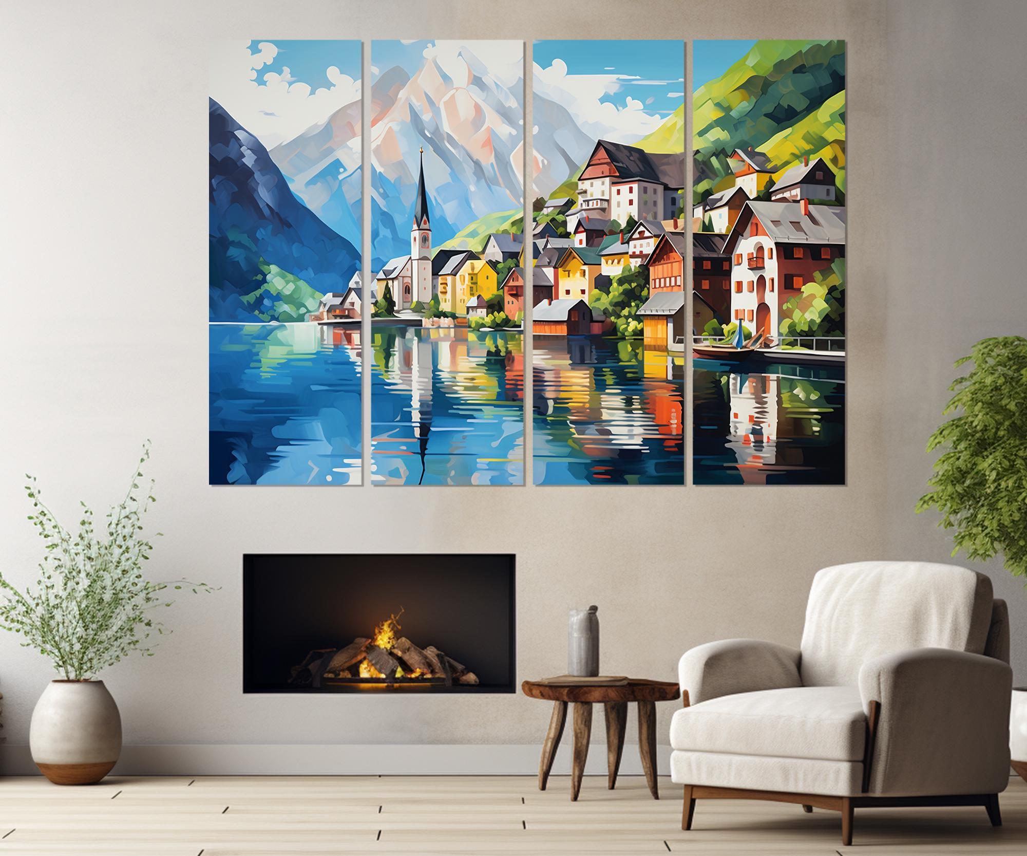 Alps Canvas Wall Art, Hallstatt Lake Painting Canvas Print, Abstract ...