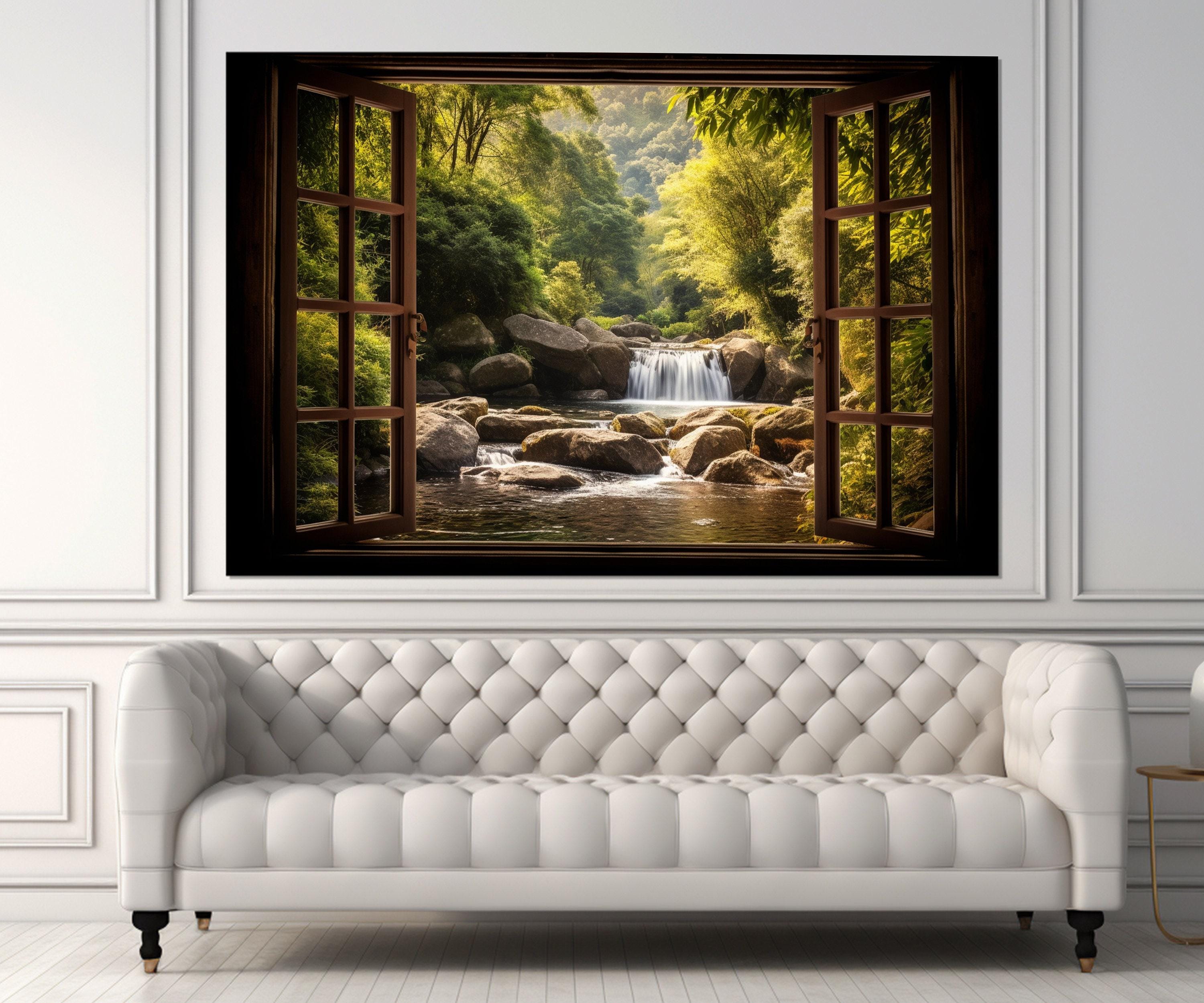 Open Window With Scenic Waterfall View Painting Canvas Print, Faux ...