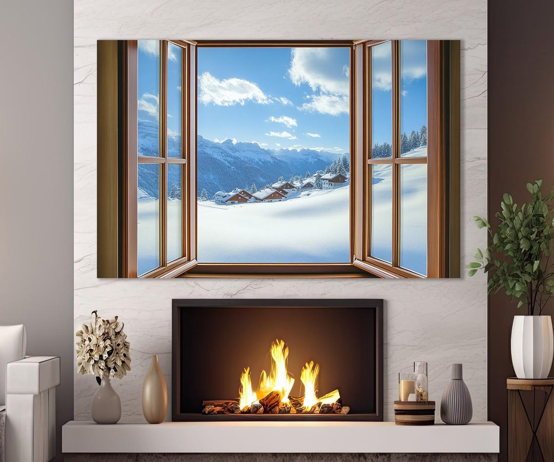 Open Window With Swiss Alpine Village Painting, Faux Window to Swiss ...