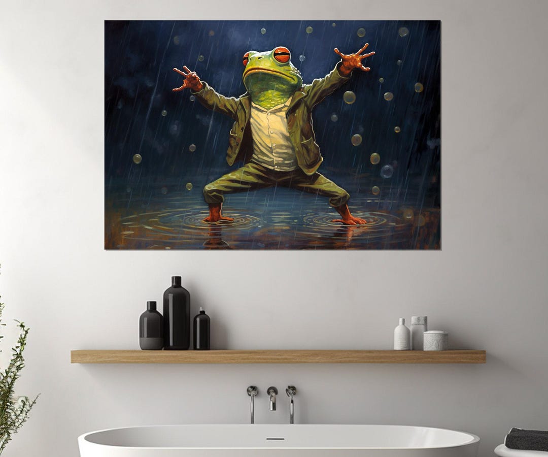 Frog Dancing in the Rain Painting Canvas Print, Bathroom Decor, Nursery ...