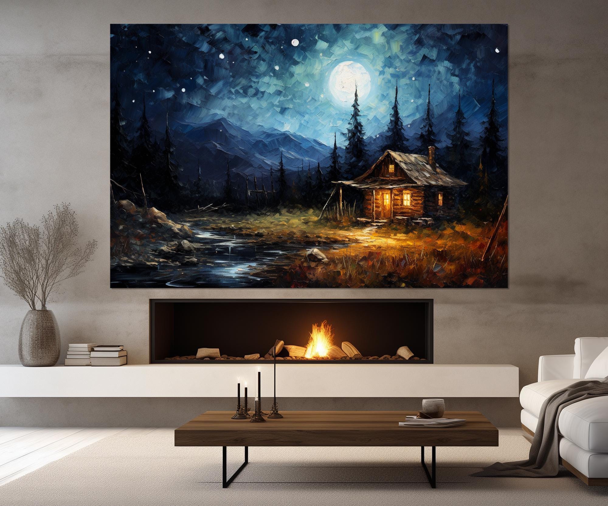 Scenic Moonlit Cabin Painting Canvas Print, Starry Sky Over Forest Wall ...