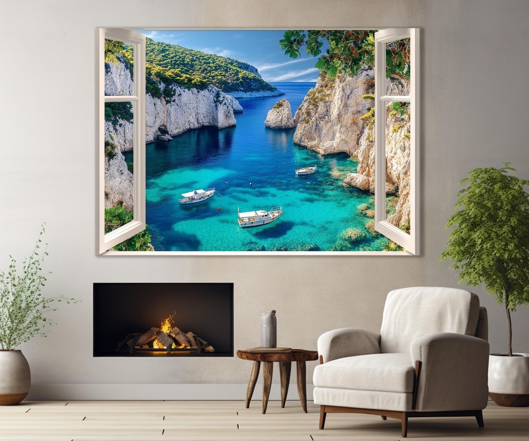 Open Window With Greek Seascape View Canvas Print, Window With Sea View ...