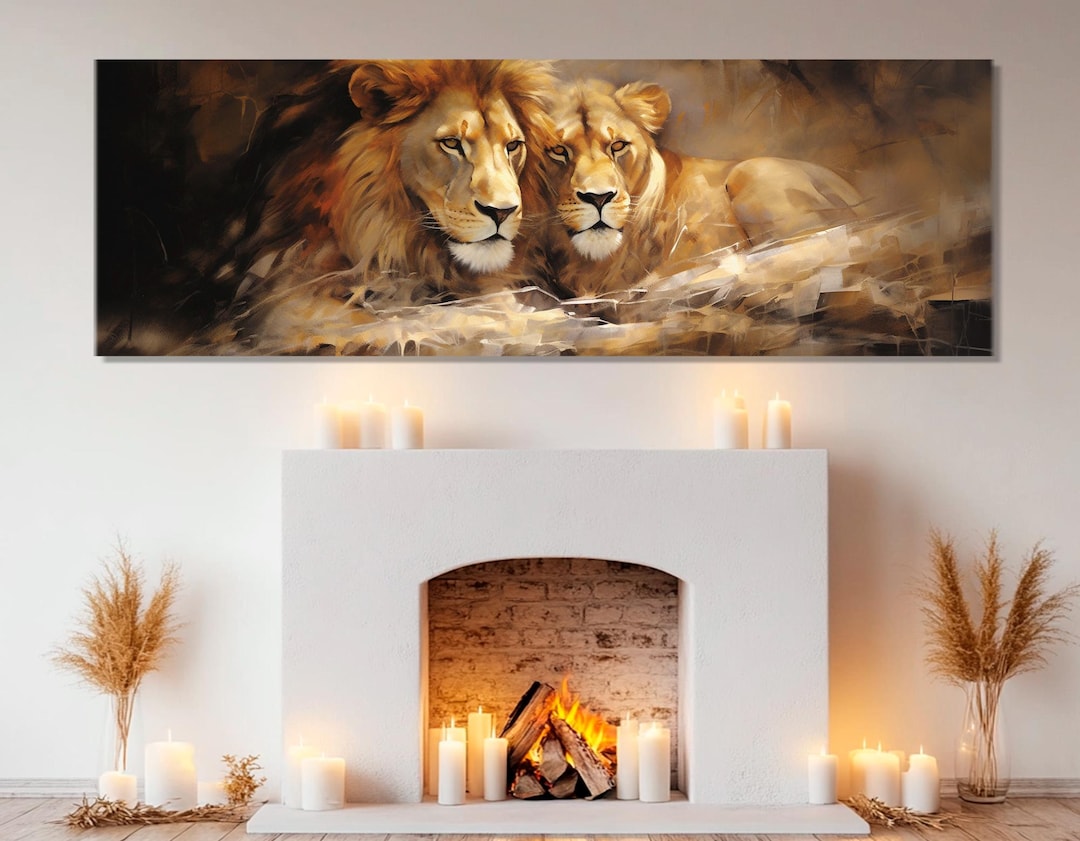 Lion and Lioness Romantic Painting Canvas Print, Lions in Love Poster ...