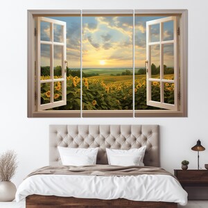 Open Window With Sunflowers Field View Painting Canvas Print, Faux ...