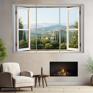 Open Window Canvas Print, Green Mountains Window View Painting, Window ...