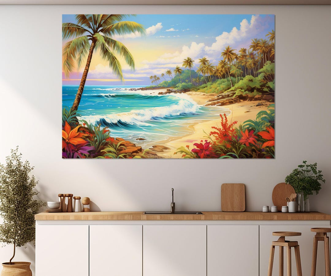 Tropical Beach Painting Canvas Print, Beach Wall Art, Colorful Coast ...