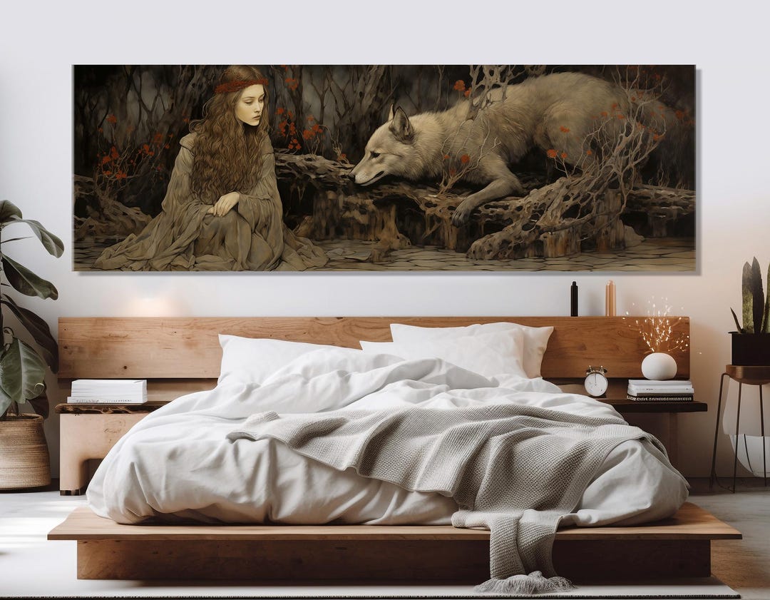 Woman and Wolf Painting Canvas Print, Fantasy Wall Art, Abstract Wolf ...