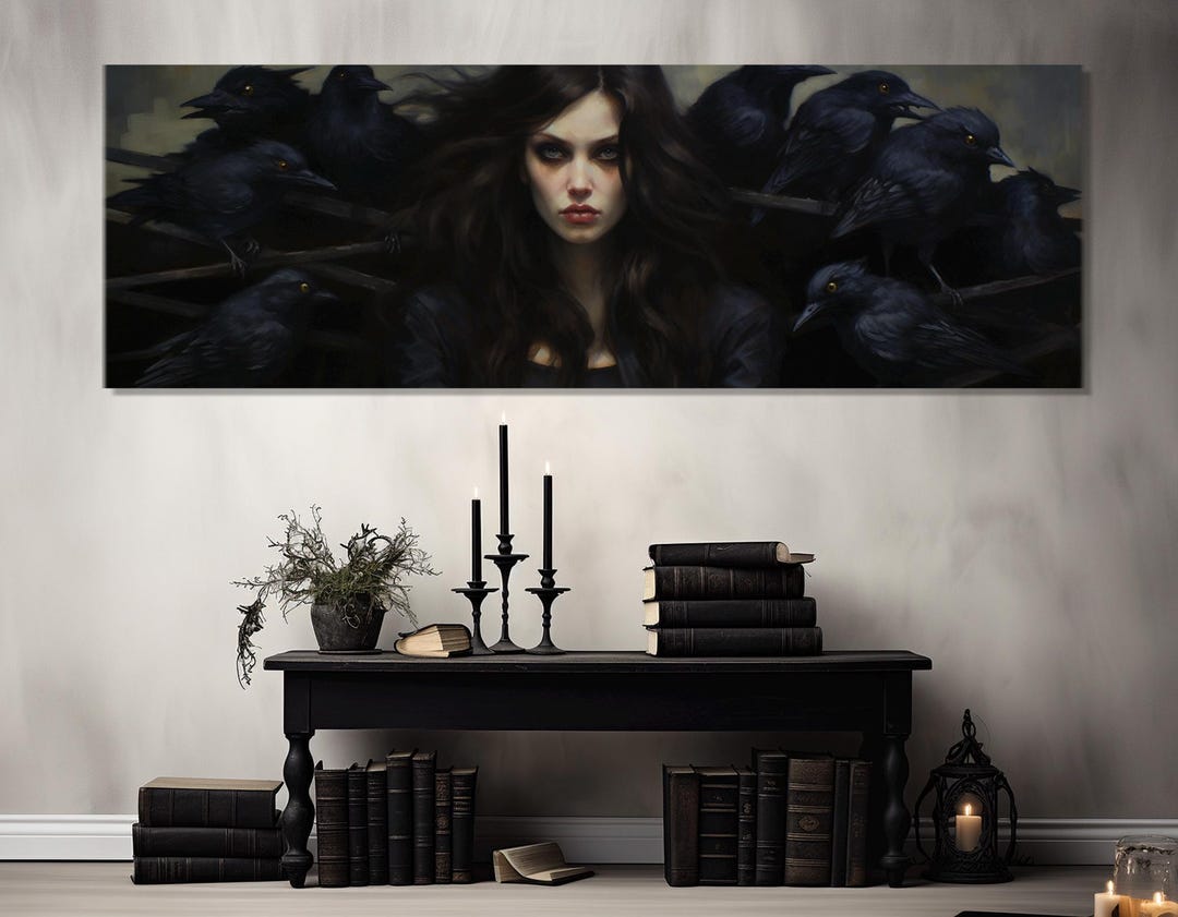 Witch and Her Ravens Canvas Print, Gothic Wall Art, Abstract Witch ...
