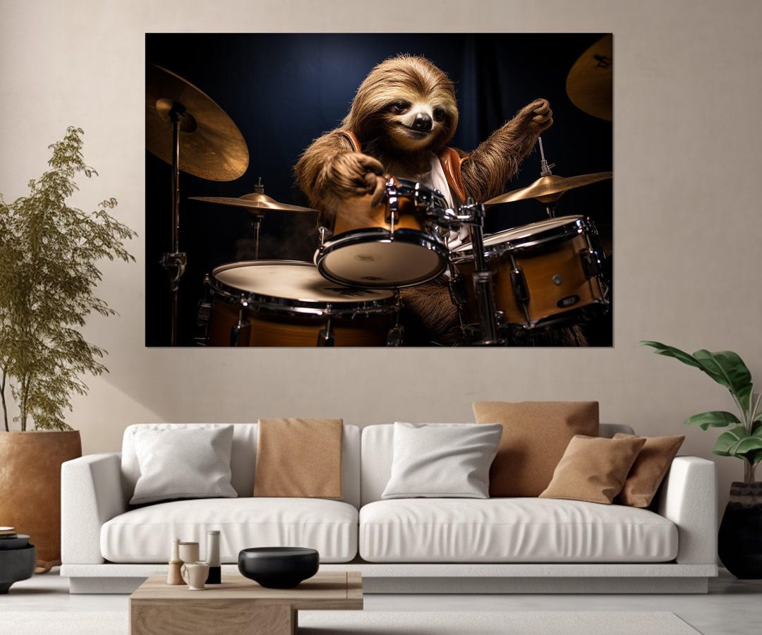 Sloth Drummer Canvas Print, Drums Wall Art, Funny Sloth Canvas Art ...