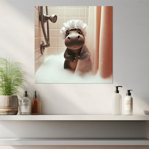 Cute Hippo in the Bathroom Painting Canvas Print, Bathroom Wall Art ...