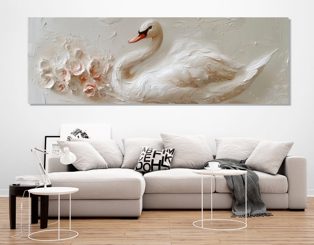 Large Abstract Swan Painting Canvas PRINT, Romantic Wall Art, White ...