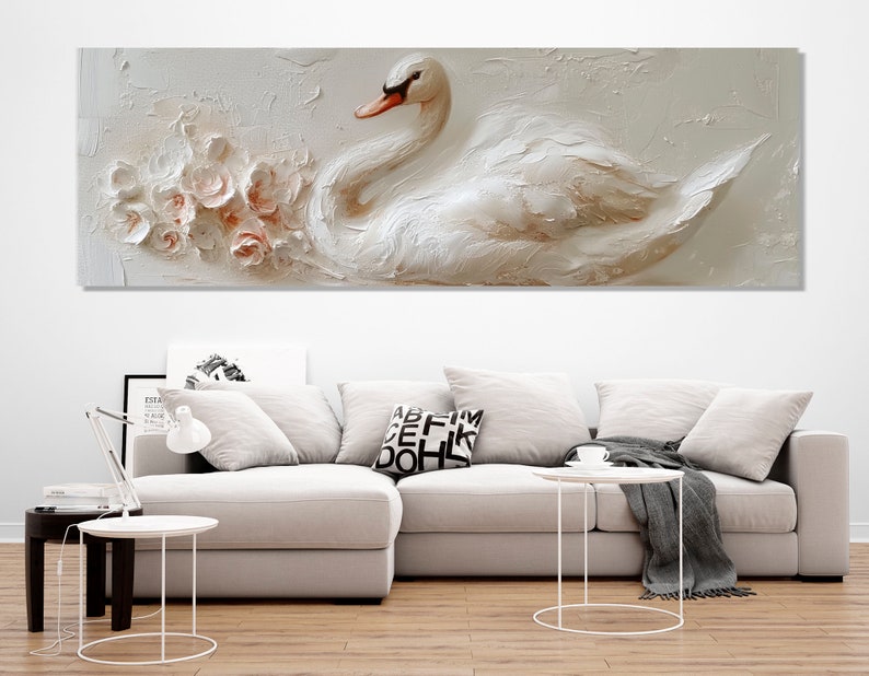 Large Abstract Swan Painting Canvas PRINT, Romantic Wall Art, White ...