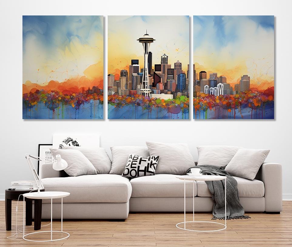 Abstract Seattle Panoramic Canvas Print, Seattle Painting, Large ...