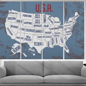 USA Map Canvas Print, USA Wall Art, United States Map Canvas Art, Push ...