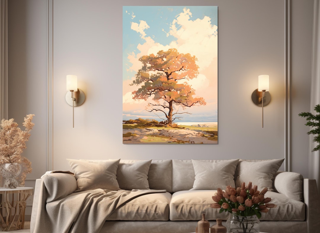 Abstract Oak Tree on Sunset Painting Canvas Print, Scenic Nature Wall ...