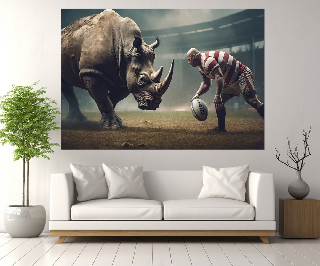 Rugby Wall Art, Rugby Player Against Rhino Canvas Print, Abstract Rugby ...