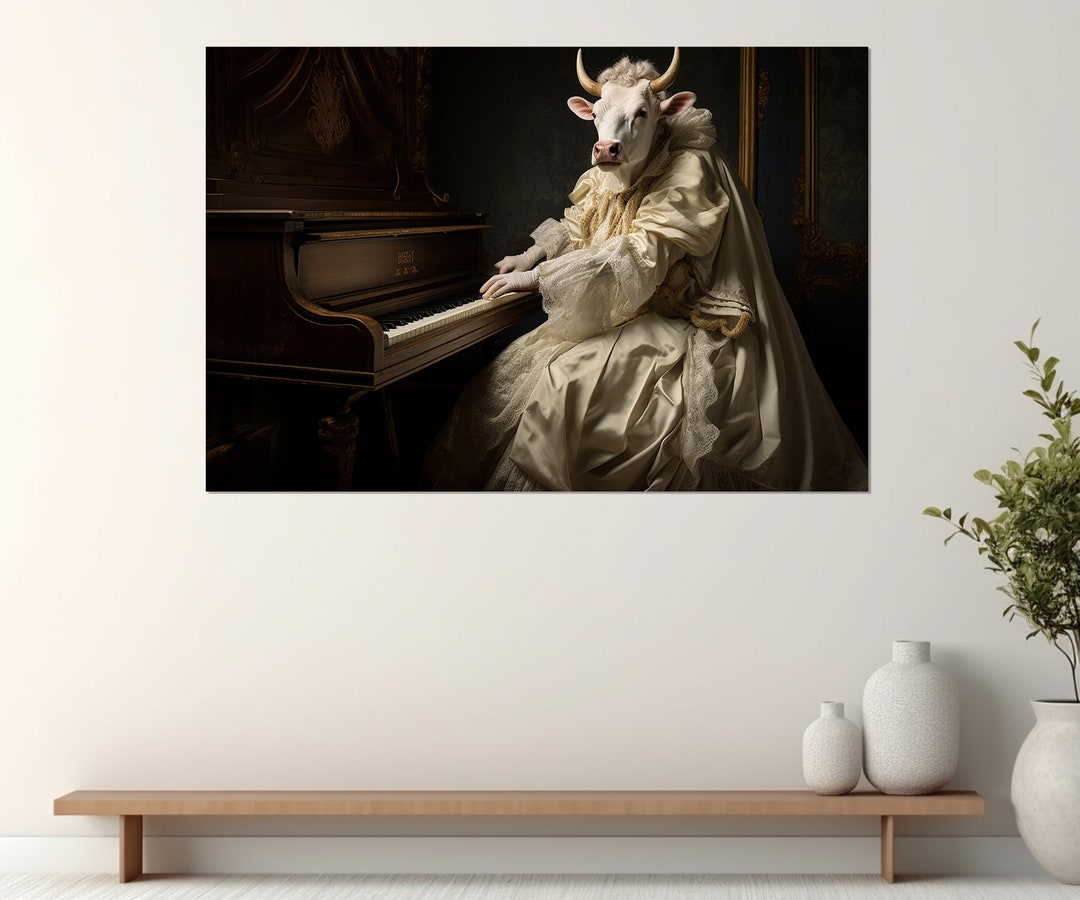 Cow in a Dress Playing Piano Canvas Print, Cow Pianist Painting ...