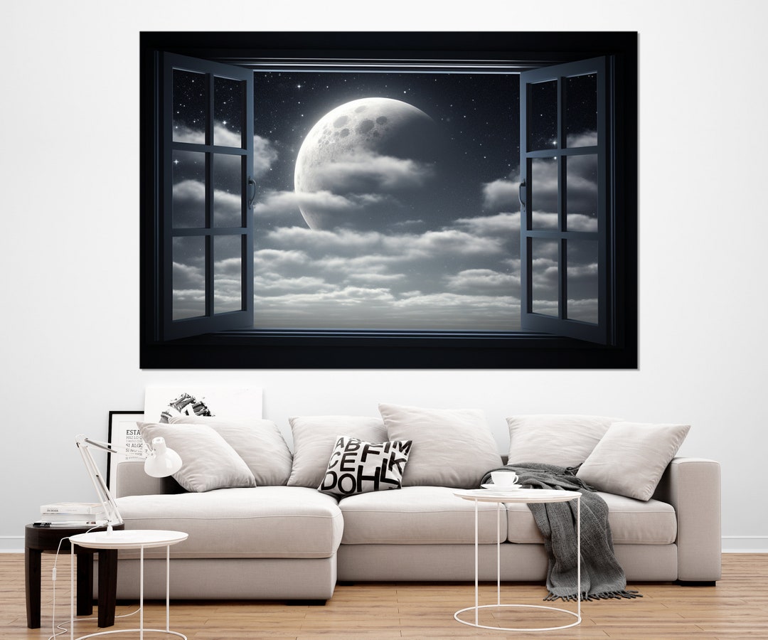Open Window With Moon View Canvas Print, Faux Window Wall Art, Night ...