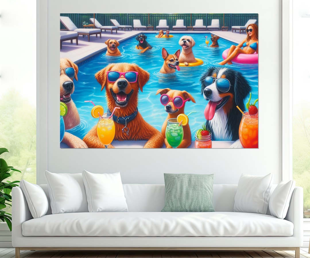 Dogs Pool Party Painting Canvas Print, Pool Bar Wall Decor, Cocktail ...