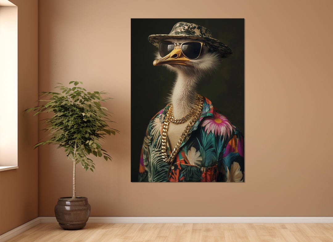 Cool Ostrich in a Hat and Sunglasses Canvas Print, Funny Ostrich Wall ...