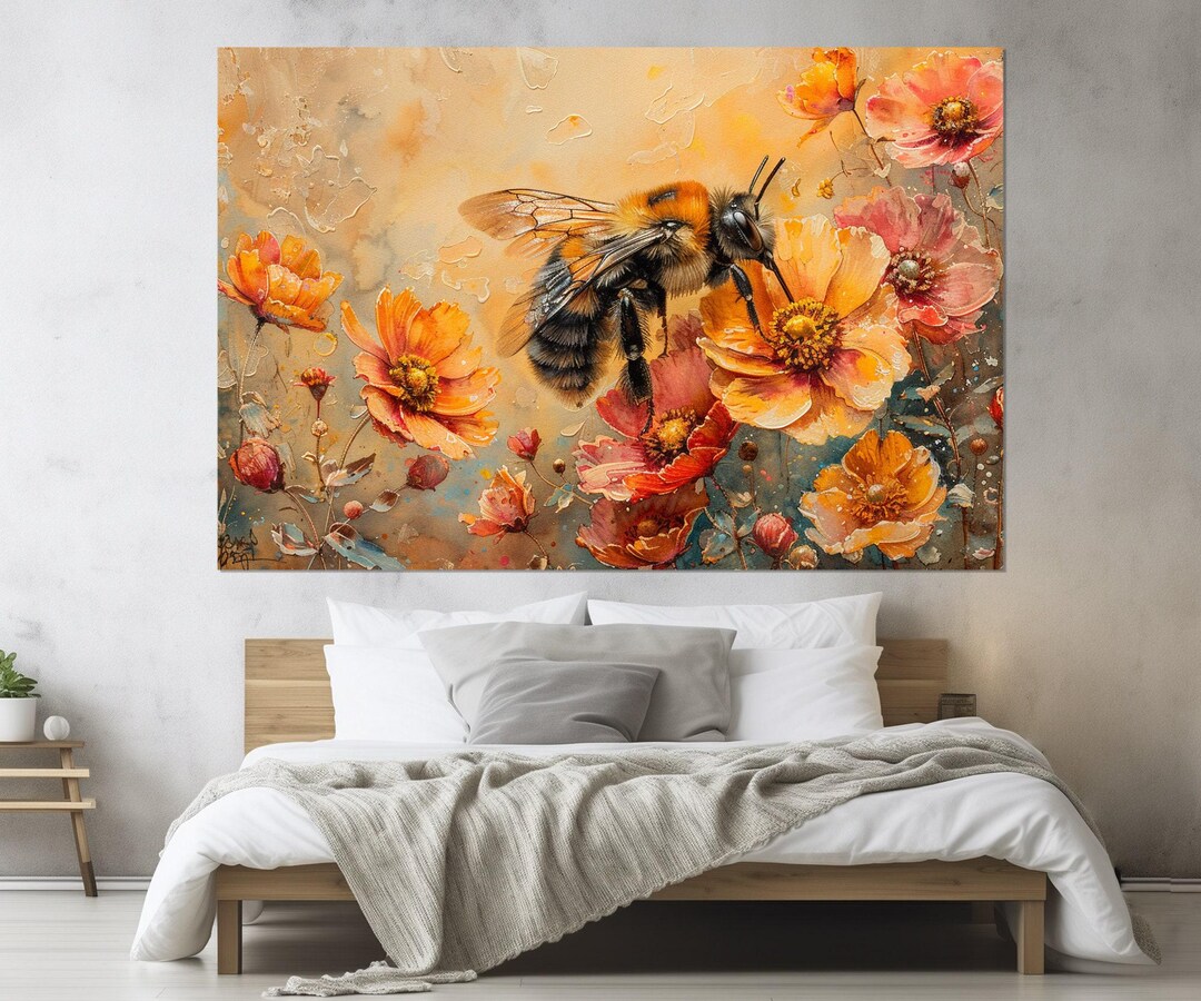 Abstract Bee on Flowers Painting Canvas Print, Beekeeping Wall Art ...