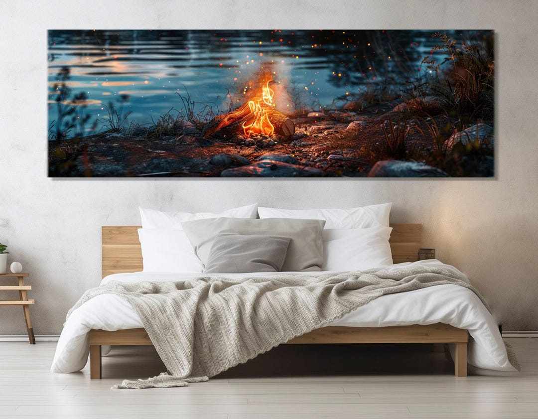 Bonfire by the Lake Painting Canvas Print, Campfire Poster, Travel Wall ...
