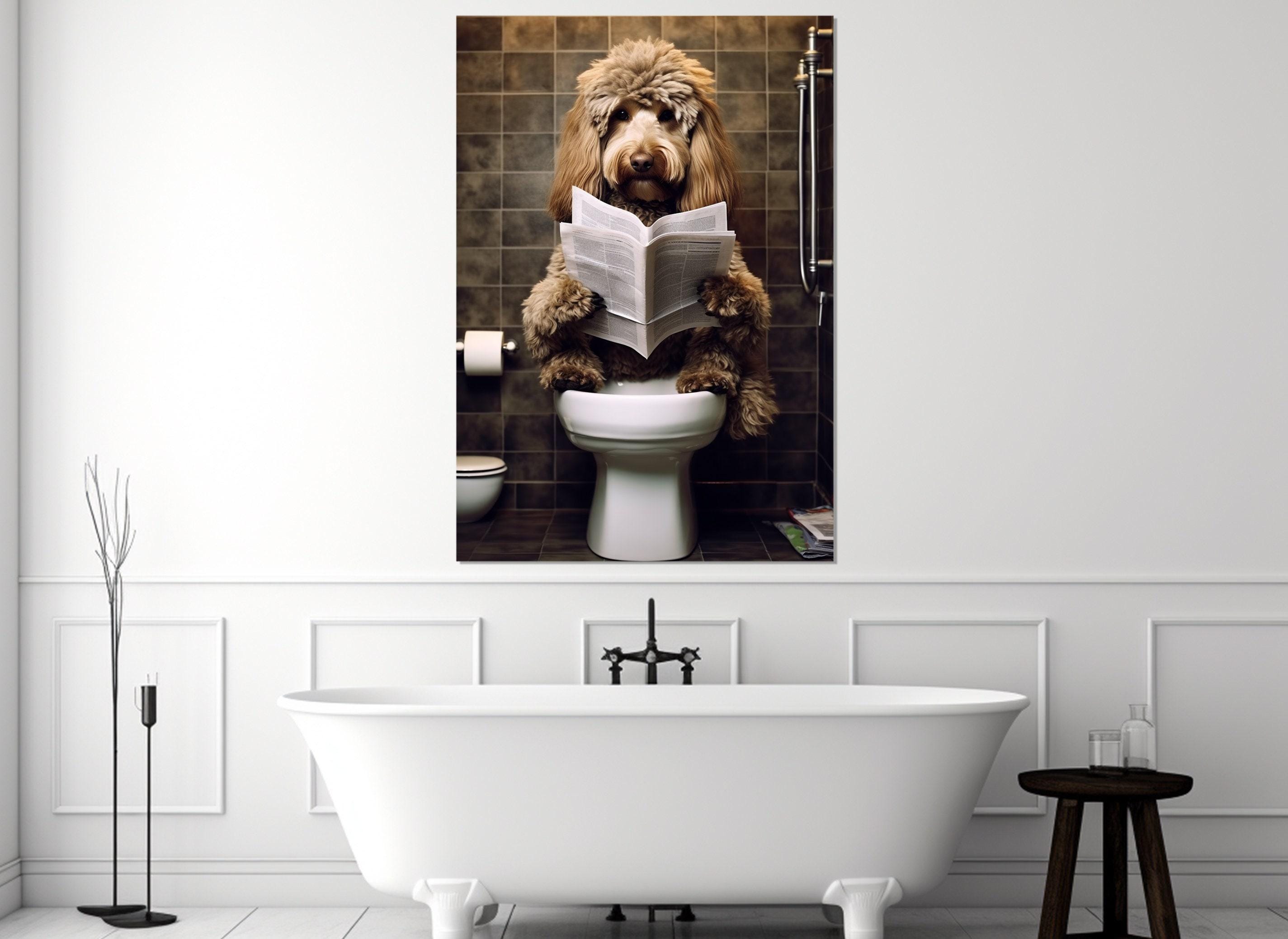 Cute Poodle on the Toilet Reading a Newspaper Canvas Print, Bathroom ...