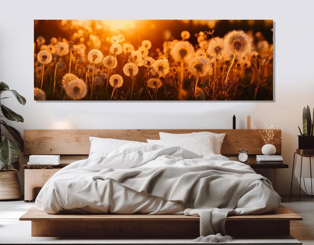 Dandelion Flowers on Gold Sunset Painting Canvas Print, Panoramic ...