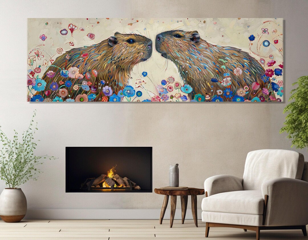 Capybaras Couple Painting Canvas Print, Romantic Wall Art, Modern ...