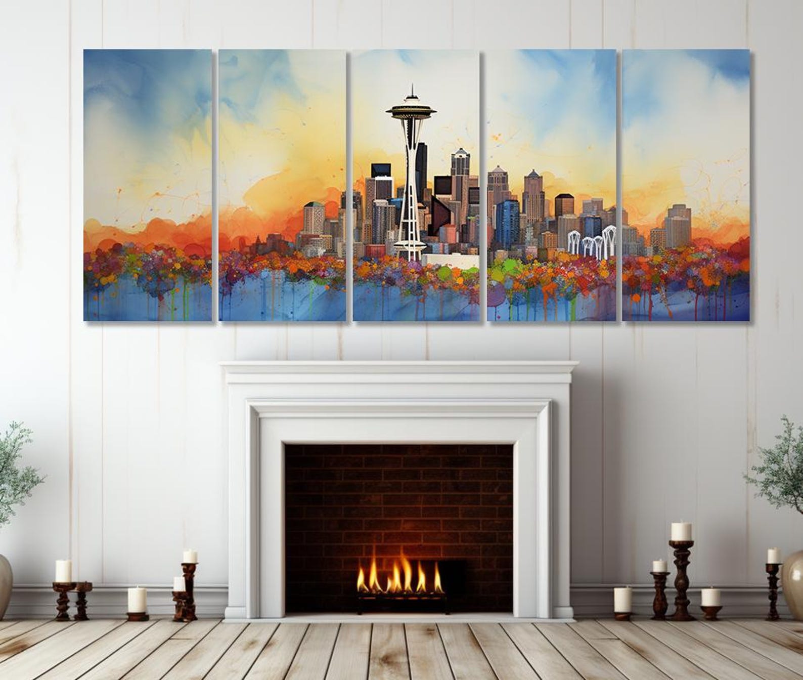 Abstract Seattle Panoramic Canvas Print, Seattle Painting, Large ...