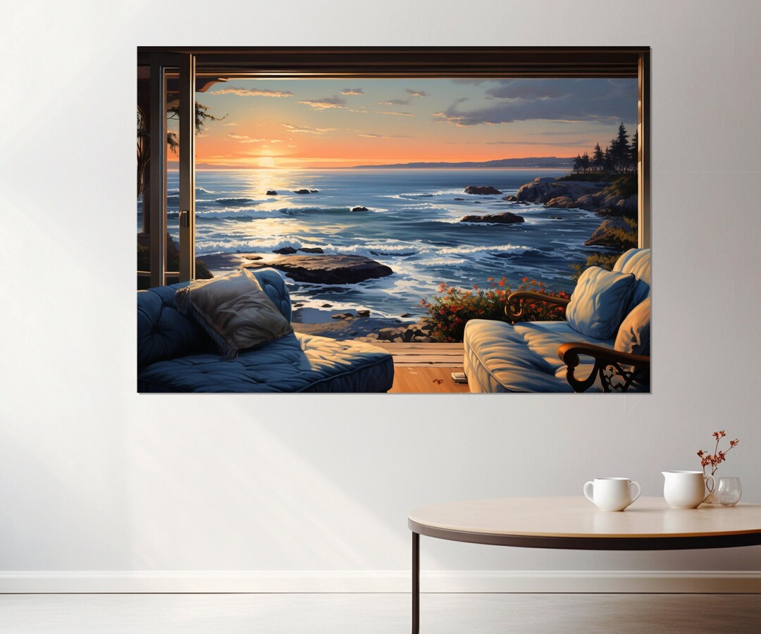 Open Window With Ocean View Painting Canvas Print, Terrace With Sea ...