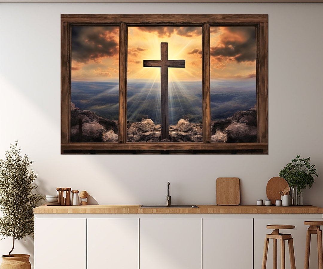 Religious Wall Art, Window With Cross and Mountains View, Christian ...
