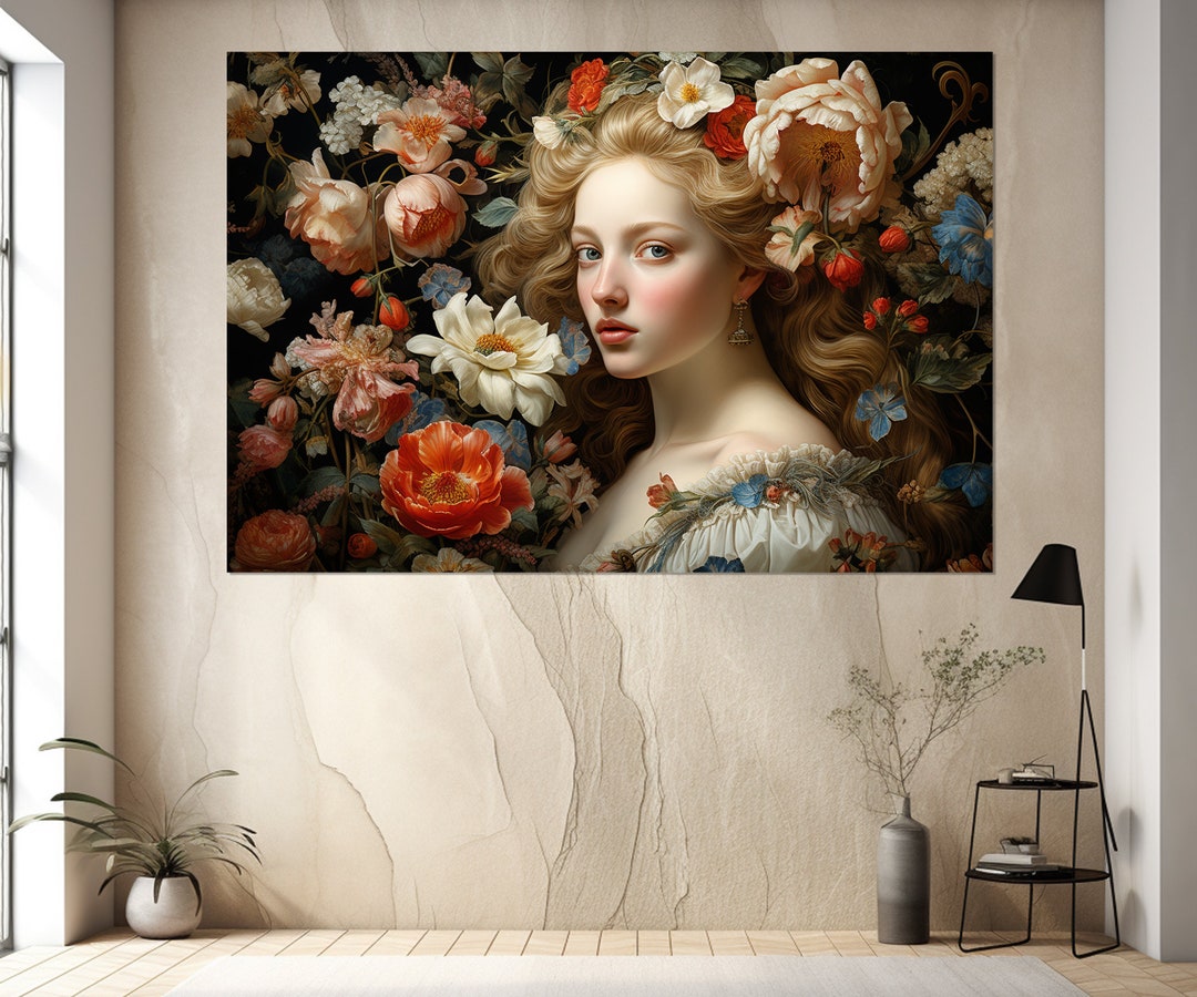 Beautiful Woman in Flowers Medieval Style Canvas Print, Medieval Wall ...