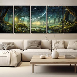 Fantasy Forest Painting Canvas Print, Fireflies in Forest Wall Art ...