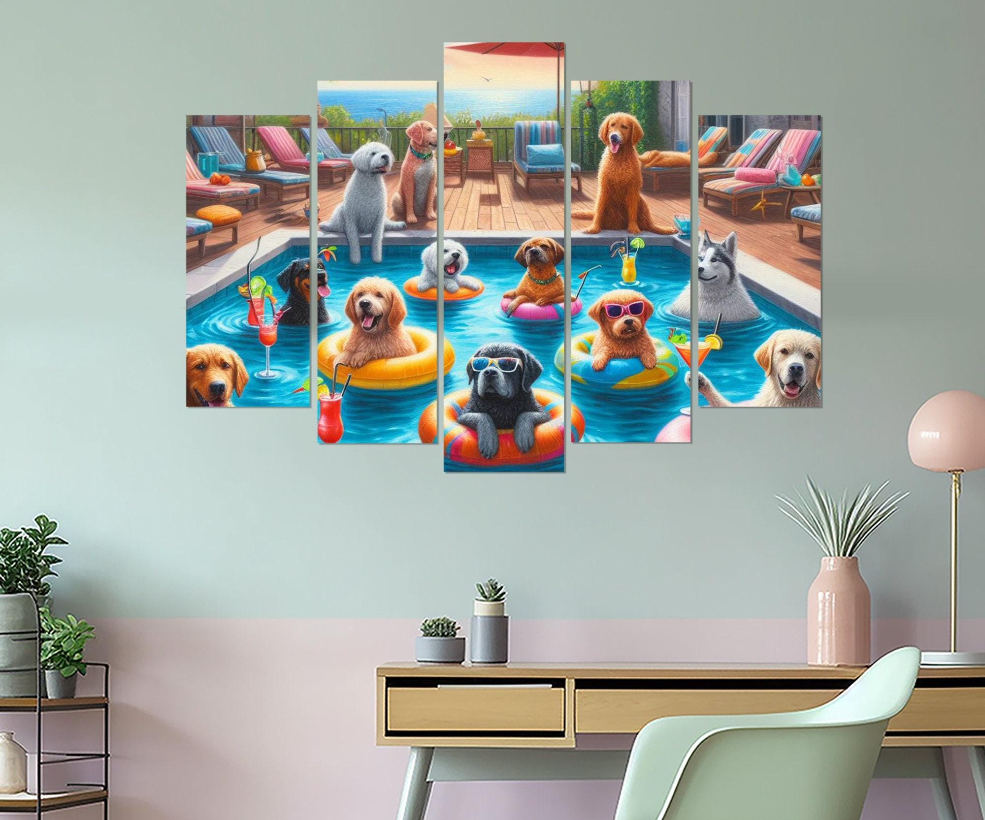 Dogs Pool Party Painting Canvas Print, Abstract Pets Party Wall Art ...