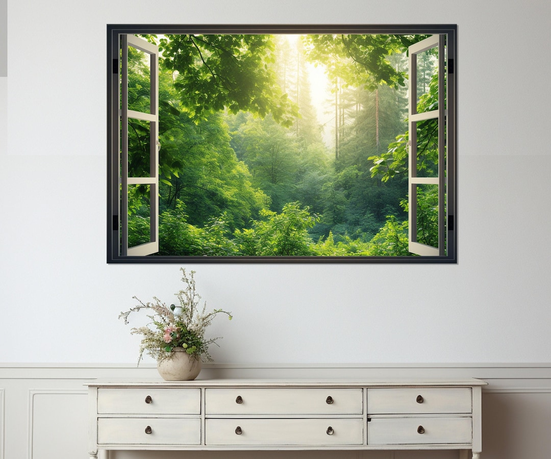 Open Window With Forest View Painting, Faux Window Canvas Print, Forest ...