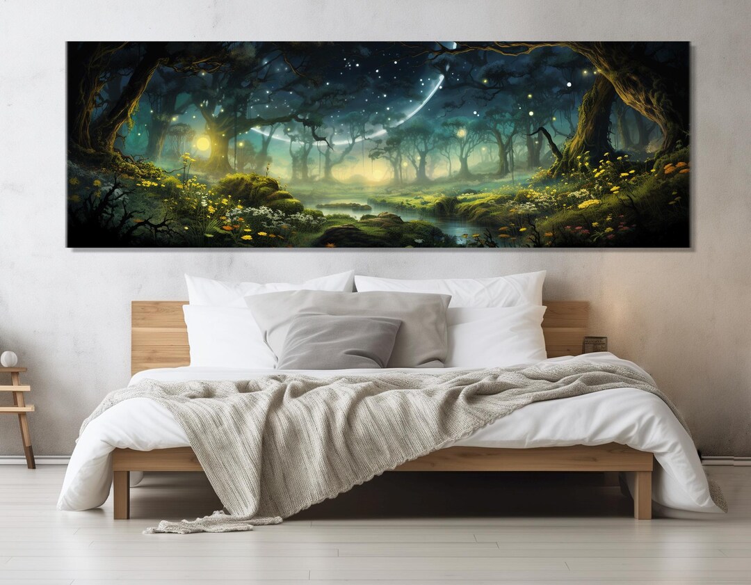 Fantasy Forest Painting Canvas Print, Fireflies in Forest Wall Art ...