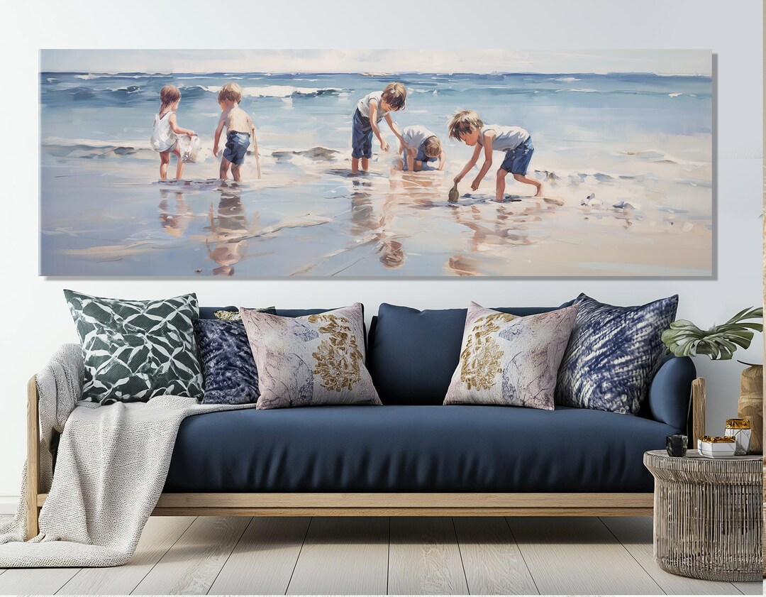 Children Playing on the Beach Painting Canvas Print, Family Wall Art, Little Kids in the Sea ...